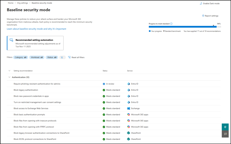 Baseline Security Mode in Microsoft 365 Admin Center
