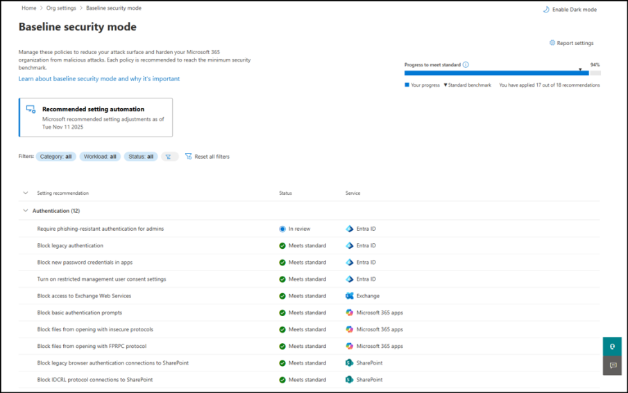 Baseline Security Mode in Microsoft 365 Admin Center