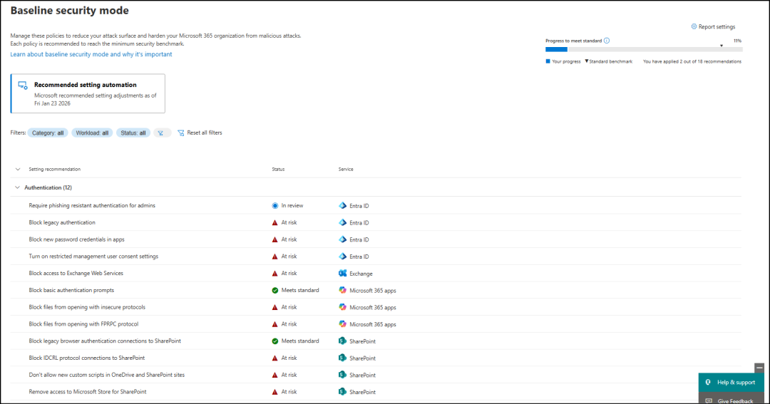 Baseline Security Mode in Microsoft 365 Admin Center