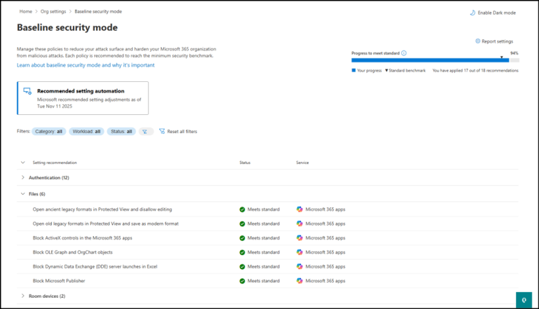 Baseline Security Mode in Microsoft 365 Admin Center