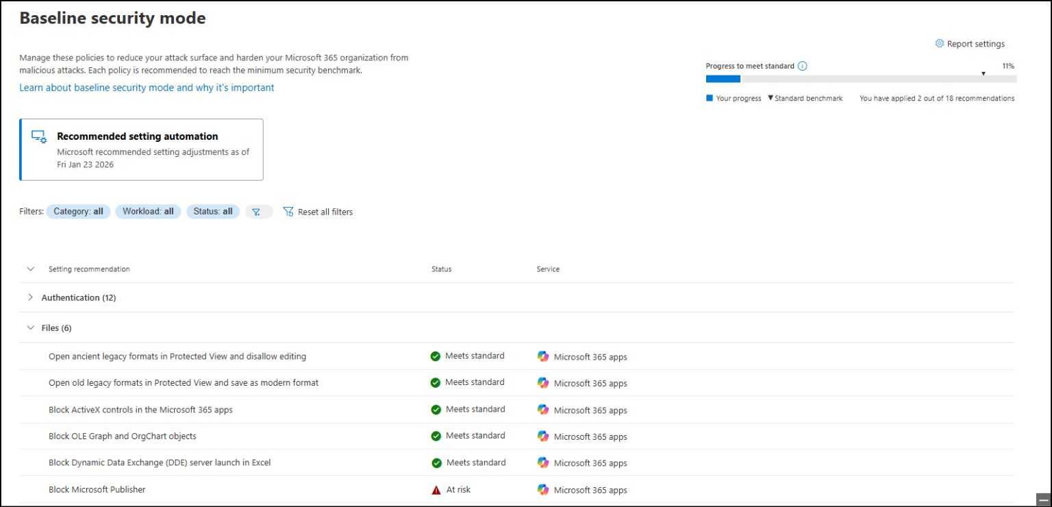 Baseline Security Mode in Microsoft 365 Admin Center