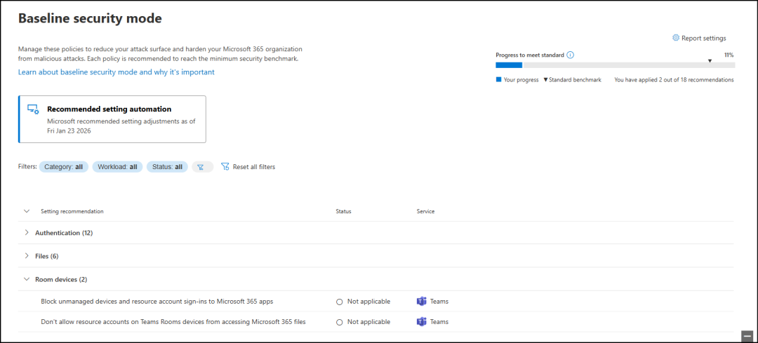 Baseline Security Mode in Microsoft 365 Admin Center
