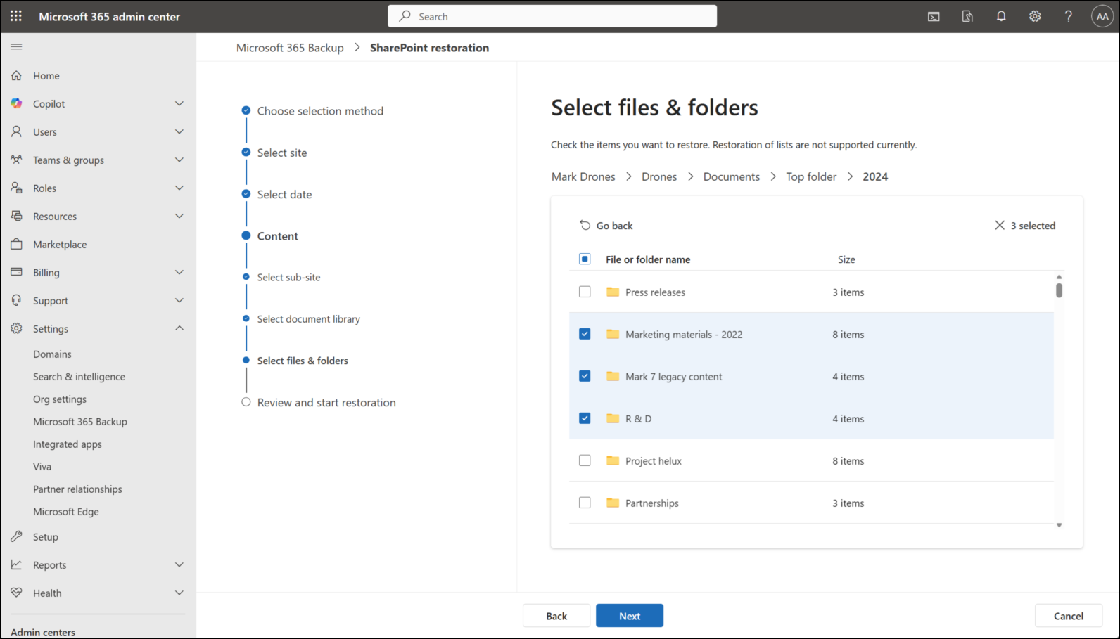 Microsoft 365 Backup for File and Folder Restore